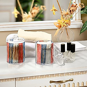 Qtip Holder Dispenser Patriotic Wooden Boards Plastic Apothecary Jar Containers for Vanity Makeup Organizer Storage Bathroom Organizer