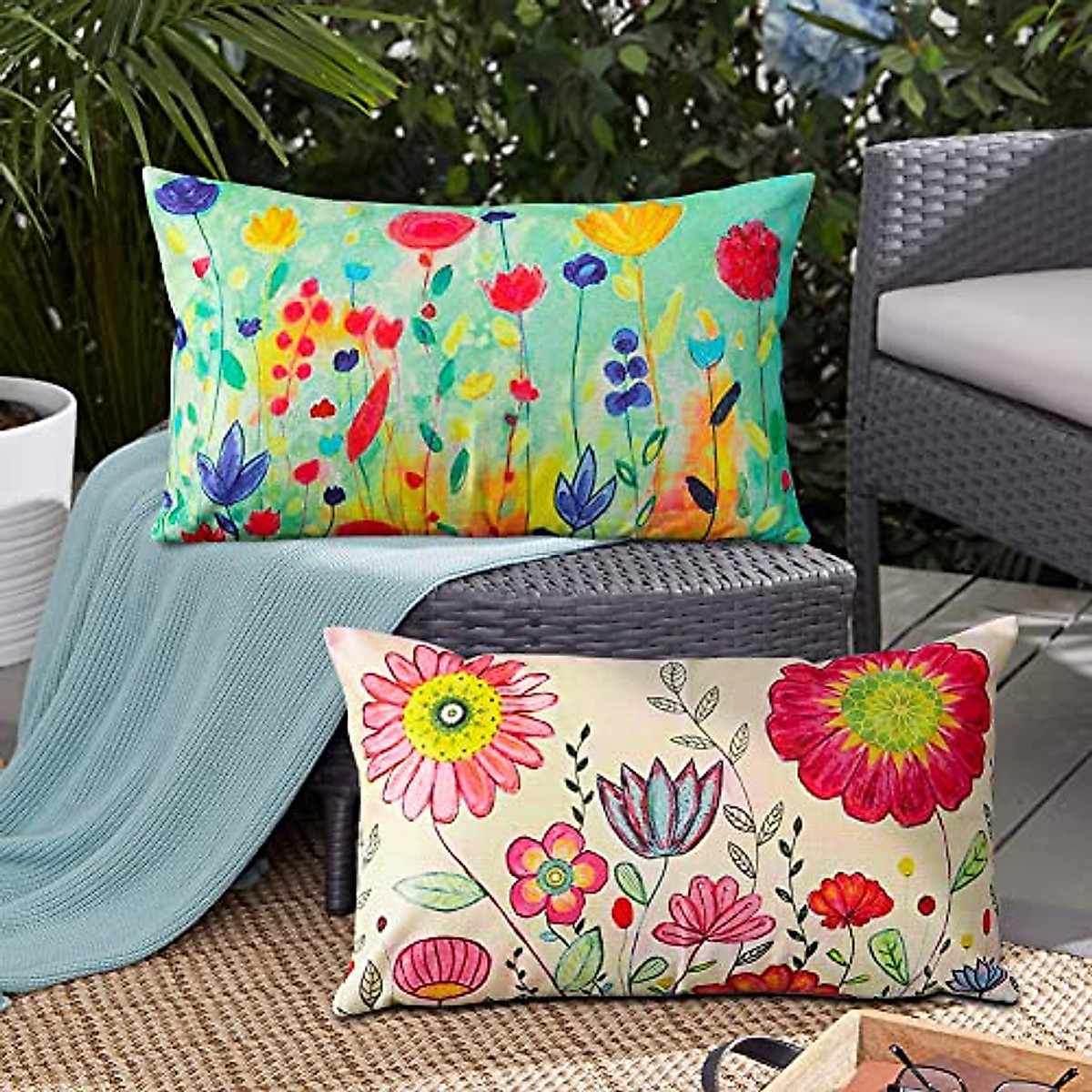 Artscope Set of 4 Decorative Throw Pillow Covers 12x20 Inches, Flowers Pattern Waterproof Cushion Covers, Perfect to Outdoor Patio Garden Living Room Sofa Farmhouse Decor