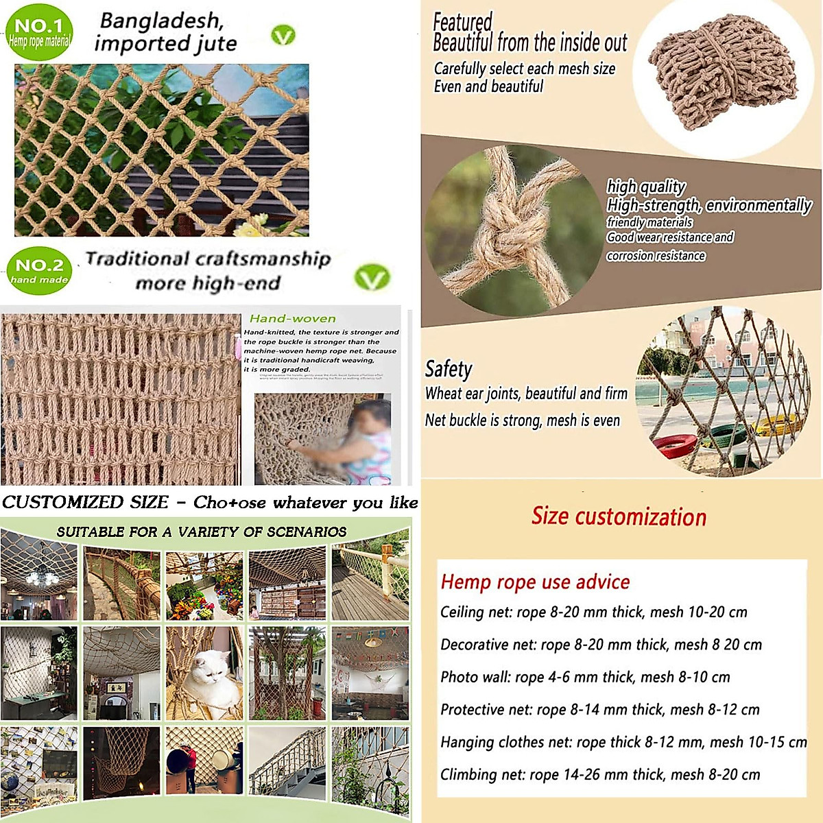 KACQIHTU Hemp Rope Net Child Safety Net Rope Fence Stairs Balcony Railings Garden Playground Safety Protection Rope Netting Climbing Net for Kids