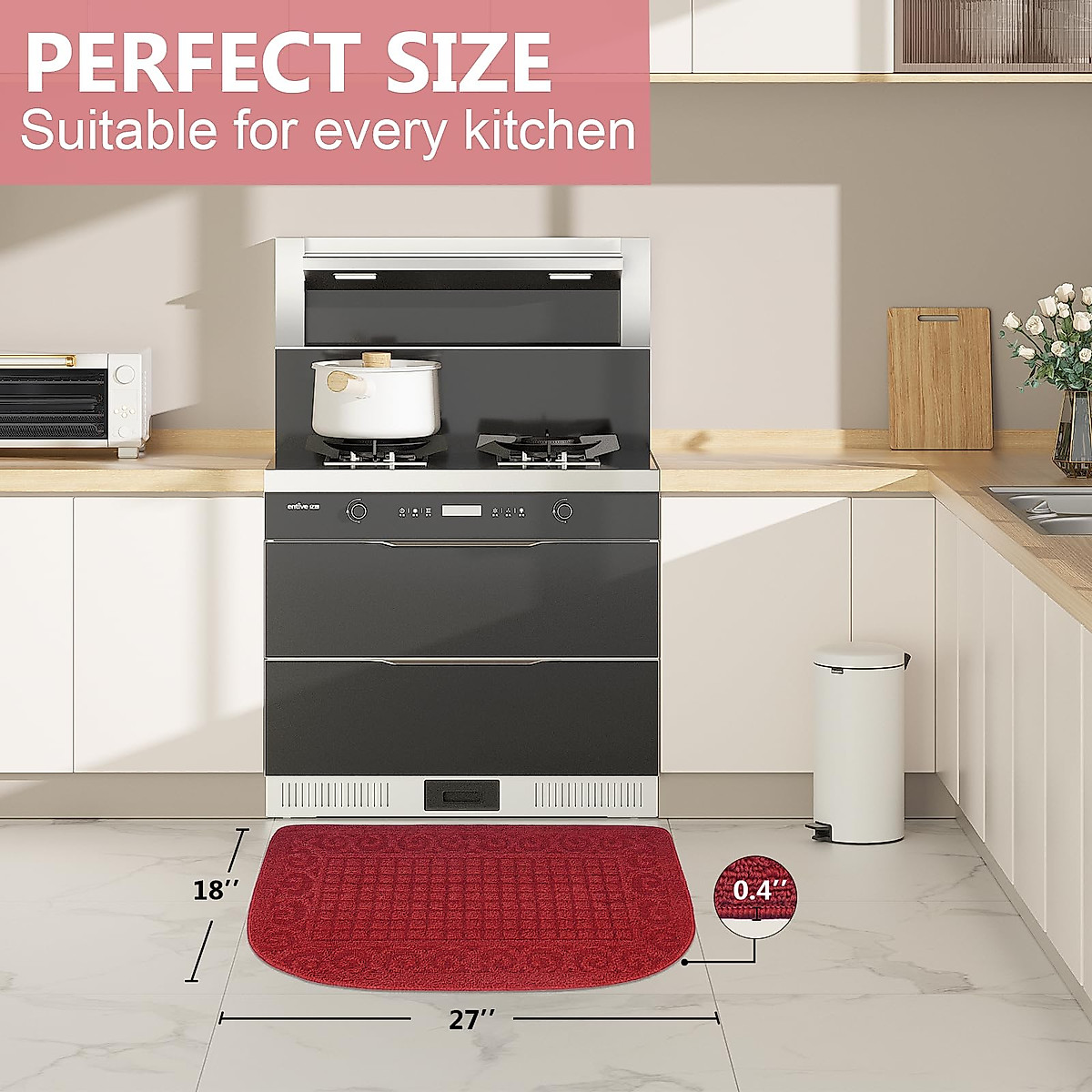 VANZAVANZU Half Round Kitchen Rug, Anti Fatigue Mat, Made of 100% Polypropylene, Non-Slip, Dirt-Resistant, Absorbent, Machine Washable, 27" x18" (Red)