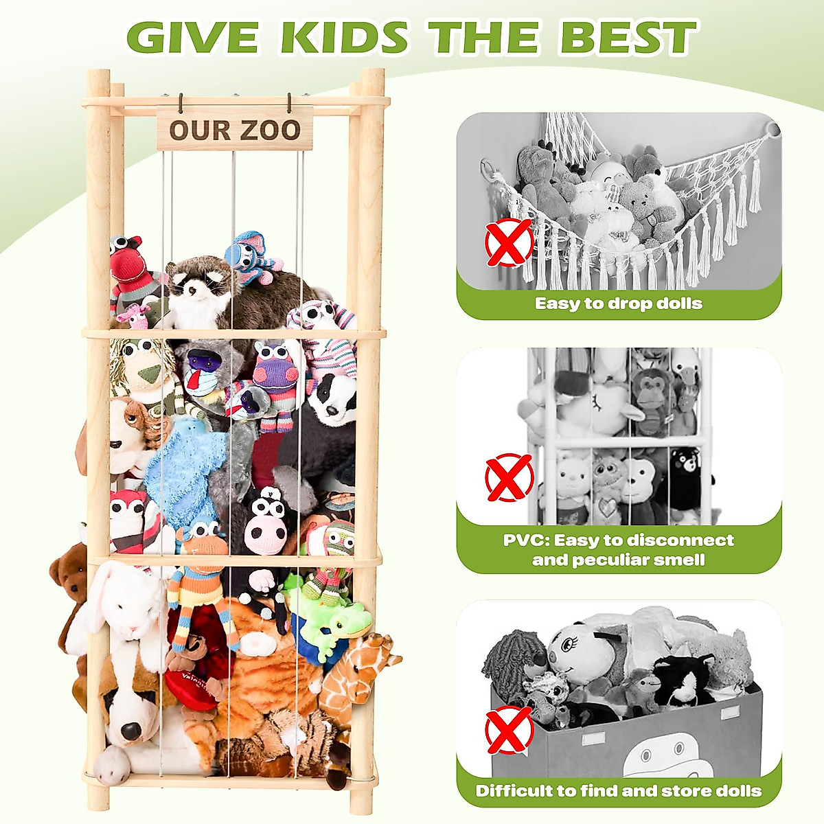 Woodure Stuffed Animal Toy Storage Organizer, Wooden Stuffed Animal Zoo Holder Soft Toy Organizer for Nursery Play Room Bedroom Kid Room