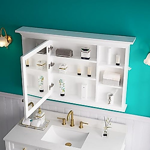 WELLFOR 48"x 30" Wall Mounted Medicine Cabinet with Double-Side Mirrors, Solid Wood Mirror Cabinet Storage with Open/Built-in 6 Shelves and Soft-Close Door, Wood Medicine Cabinet with Mirror