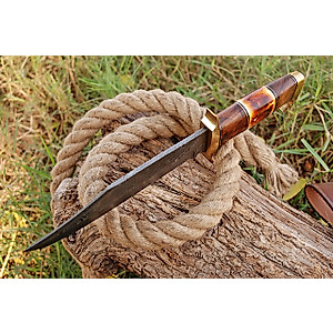 Zaildar Damascus Steel Bowi Knife Custom Handmade Knife Fixed Blade Knife Hunting Knives Survival Knife and Camping Knife with Bone and Rose Wood Handle with Leather Knife Sheath