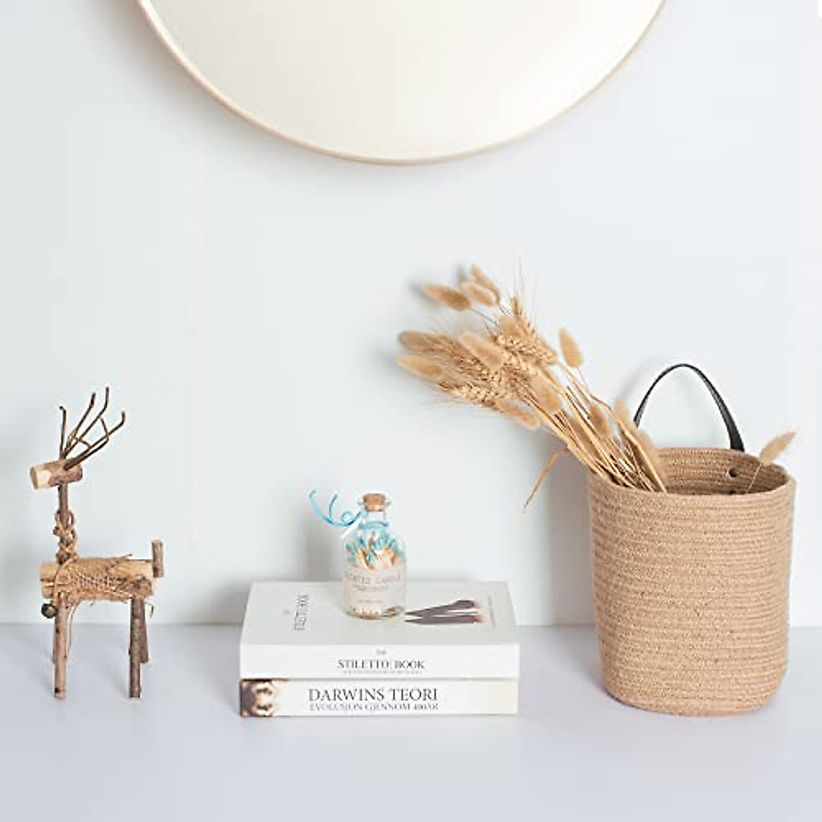 Wall Hanging Storage Baskets Jute Set of 2 Small Woven Rope Closet Organizer 6.7"x7.9" Décor with Black Leather Handle Nursery Storage Bins for Flower Plants/Garage/Shelf/Outdoor/Bathroom