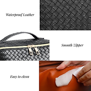 LASPERAL Travel Makeup Bag Large Capacity Cosmetic Bag Organizer Leather Waterproof Portable Compact Skincare Storage Checkered Pouch with Handle and Dividers for Women Girls Makeup Brushes (Black)