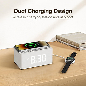 ANJANK Wooden Sound Machine Alarm Clock for Bedroom, Bluetooth Speaker, Wireless Charging Station for iPhone/Samsung, Sleep Timer, 0-100% Dimmer, White Noise Machine for Sleeping Adults with 20 Sounds