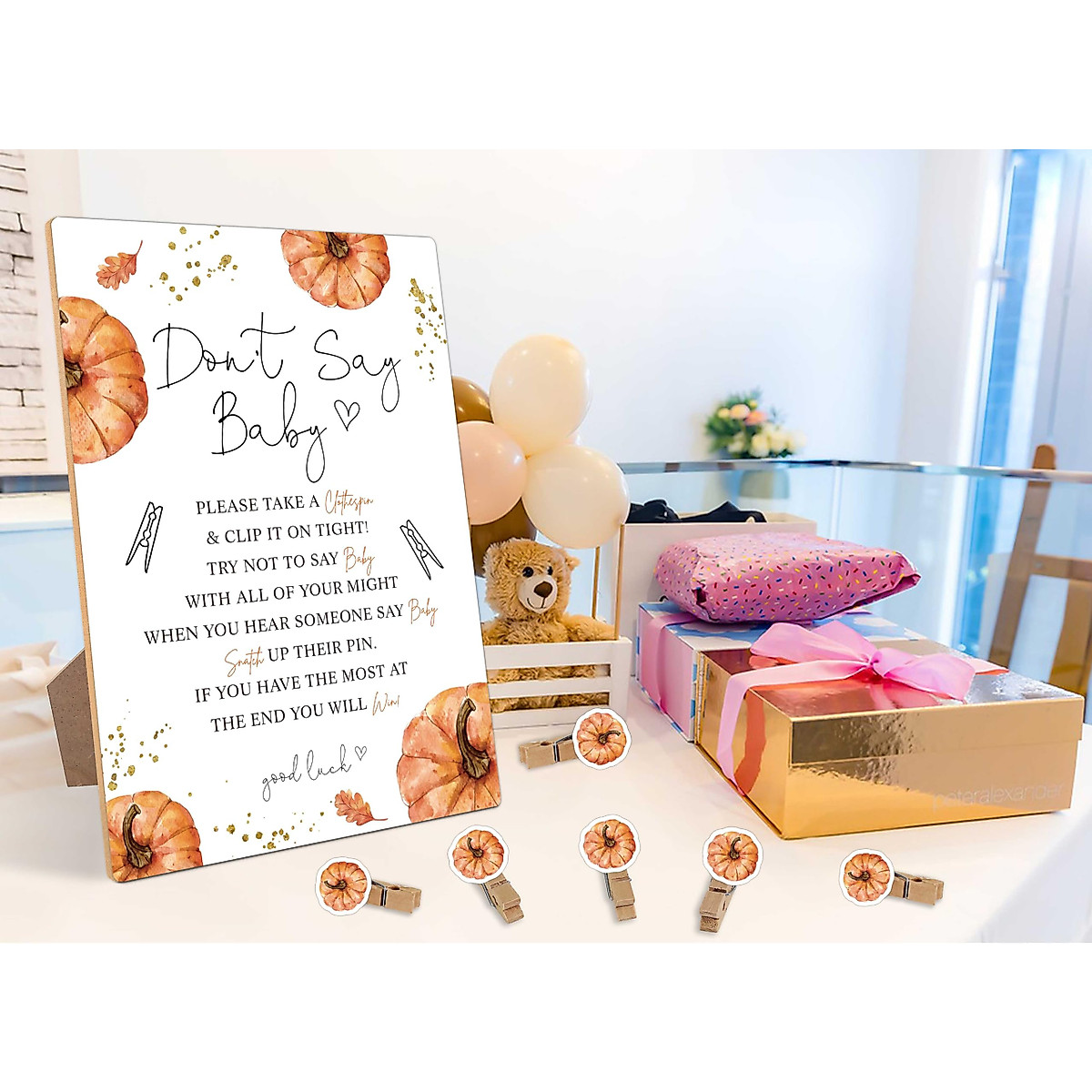 Baby Shower Sign, Don't Say Baby Baby Shower Game, for Little Pumpkin Baby Shower Decorations, Neutral Baby Shower Decor, Mini Clothespins for Baby Shower, 1 Wooden Sign & 50 Mini Clothespins Set-5