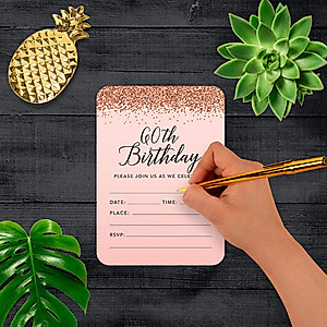 Andaz Press Blush Pink and Rose Gold Glitter Elegant Party Collection, 5x7-inch Invitations with Envelopes, 60th Birthday, 24-Pack, Double Sided Printing, Heavy Card Stock, Includes Envelopes