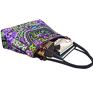 Canvas Floral Hobo Tote Bags for Women Stylish Casual Shoulder Handbag Ethnic Embroidery Purse