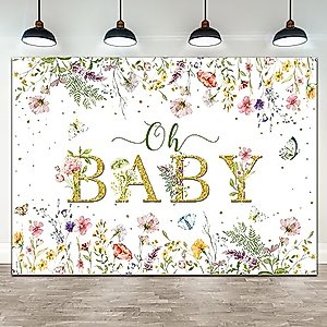 Wollmix Baby Shower Backdrop Decorations for Girl Oh Baby Banner Sign Pink Floral Flowers Butterfly Gold Dots Photography Background Newborn Party Decor Photo Booth Props Supplies Studio 7x5ft
