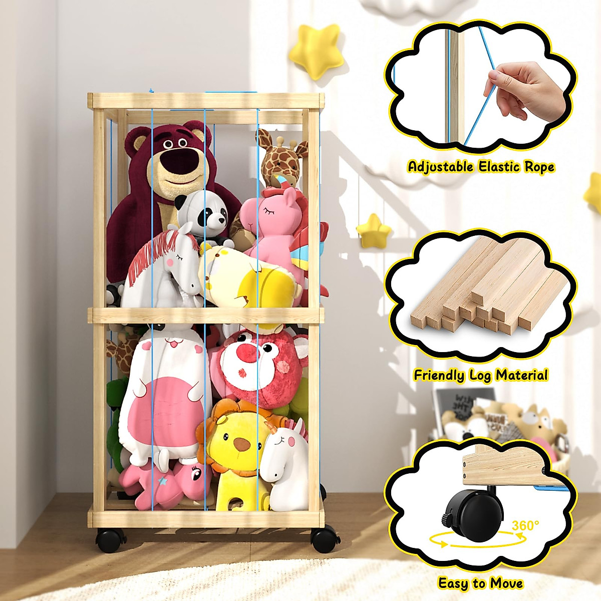 PatioDeco Stuffed Animal Zoo Storage Cage 55" Wood Large Stuffed Animal Storage Basket, Toy Storage for Big Small Stuffed Animals