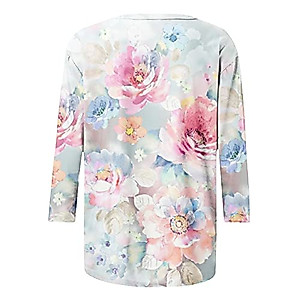 Deals of The Day Lightning Deals Today Prime 2023 Ladies Tops and Blouses 3/4 Sleeve Cute Floral Print Boho Tops for Women Plus Size Trendy Crewneck Womens Tops Summer 2023 Summer Casual