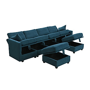 Hlcodca Chenille Modular Sectional U Shaped Couch with Adjustable Armrests and Backrests, 6 Seat Reversible Sofa Bed with Storage Seats, for Living Room, Apartment, 2 Colors(Blue-U)