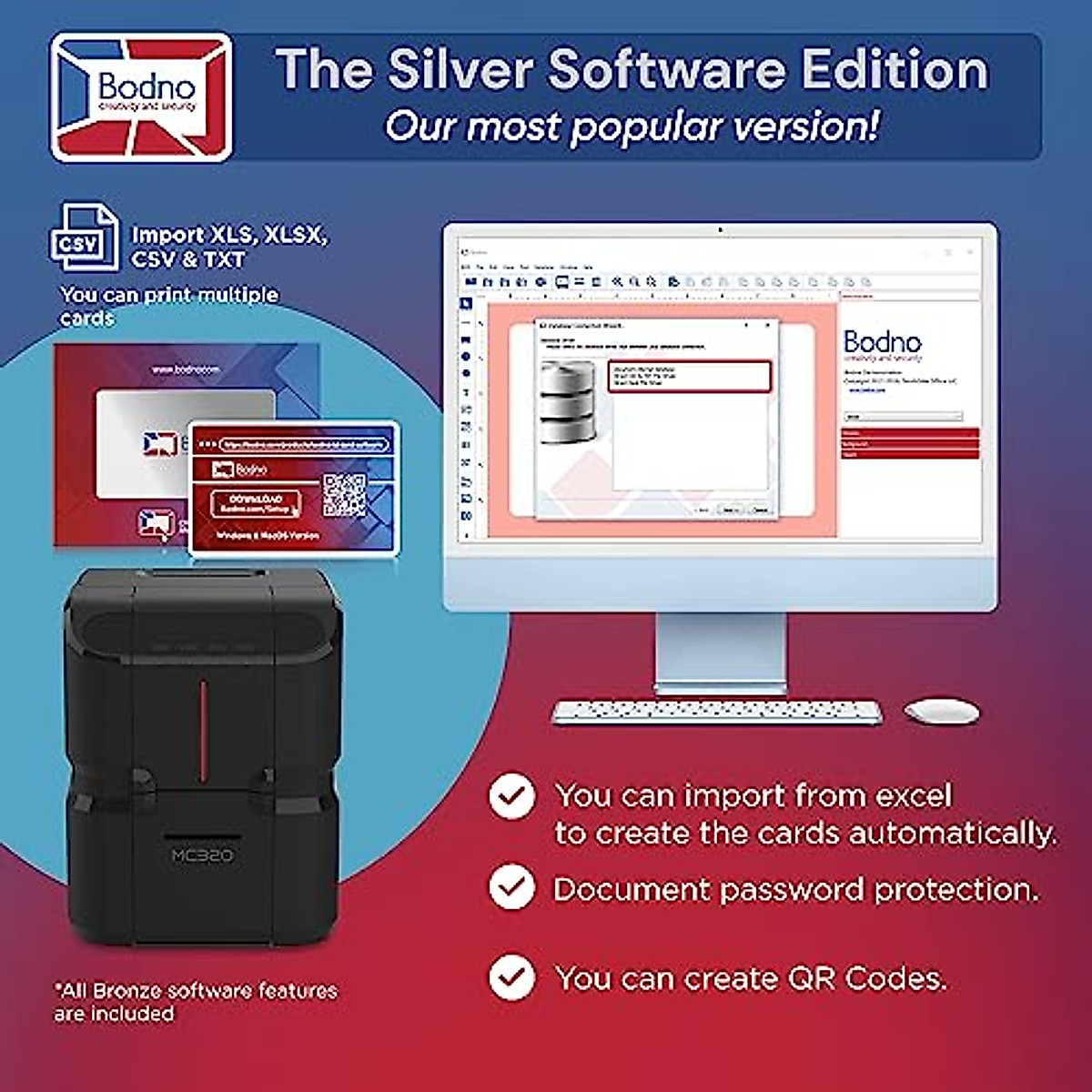 Bodno Matica MC320 Direct-to-Card Dual Sided ID Card Printer & Complete Supplies Package Silver Edition ID Software