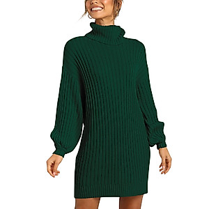 ANRABESS Women Oversized Turtleneck Batwing Long Sleeve 2024 Fall Casual Baggy Loose Cozy Rib Knit Short Mini Sweater Dress Dark Green Small