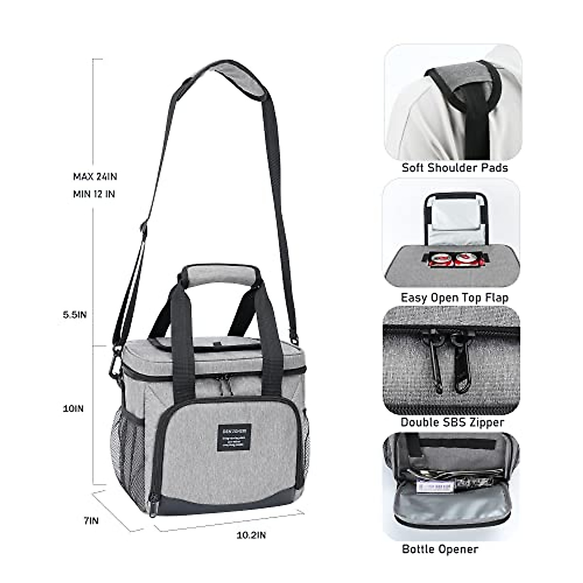 DENUONISS Insulated Lunch Bag for Women/Men Foldable Soft Lunch Cooler Bag Tote Adult Lunch Box Bag Frozen Lunch Bags Thermal Bento Bag for Work Travel Beach Camping,(12L) 16-Can, Gray