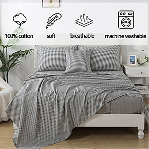 FADFAY Black Plaid Queen Size Sheets 100% Cotton Geometric Checker Bedding Teens Grid White Gingham Pattern College Bedding Deep Pocket Sheets with 2 Pillowcases Ultra Soft 4pcs, Queen Size