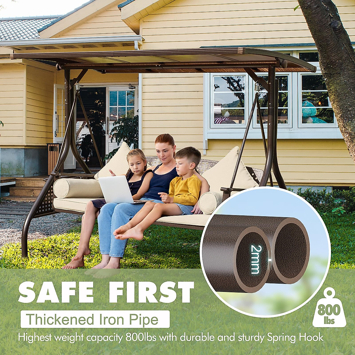 Yalissey 3-Seat Patio Porch Swing with Adjustable Hardtop,3 in 1 Convertible Outdoor Porch Swing for Adults,Patio Swing with Thicken Cushions,Pillows & Cup-Holders for Porch,Backyard,Garden (Beige)