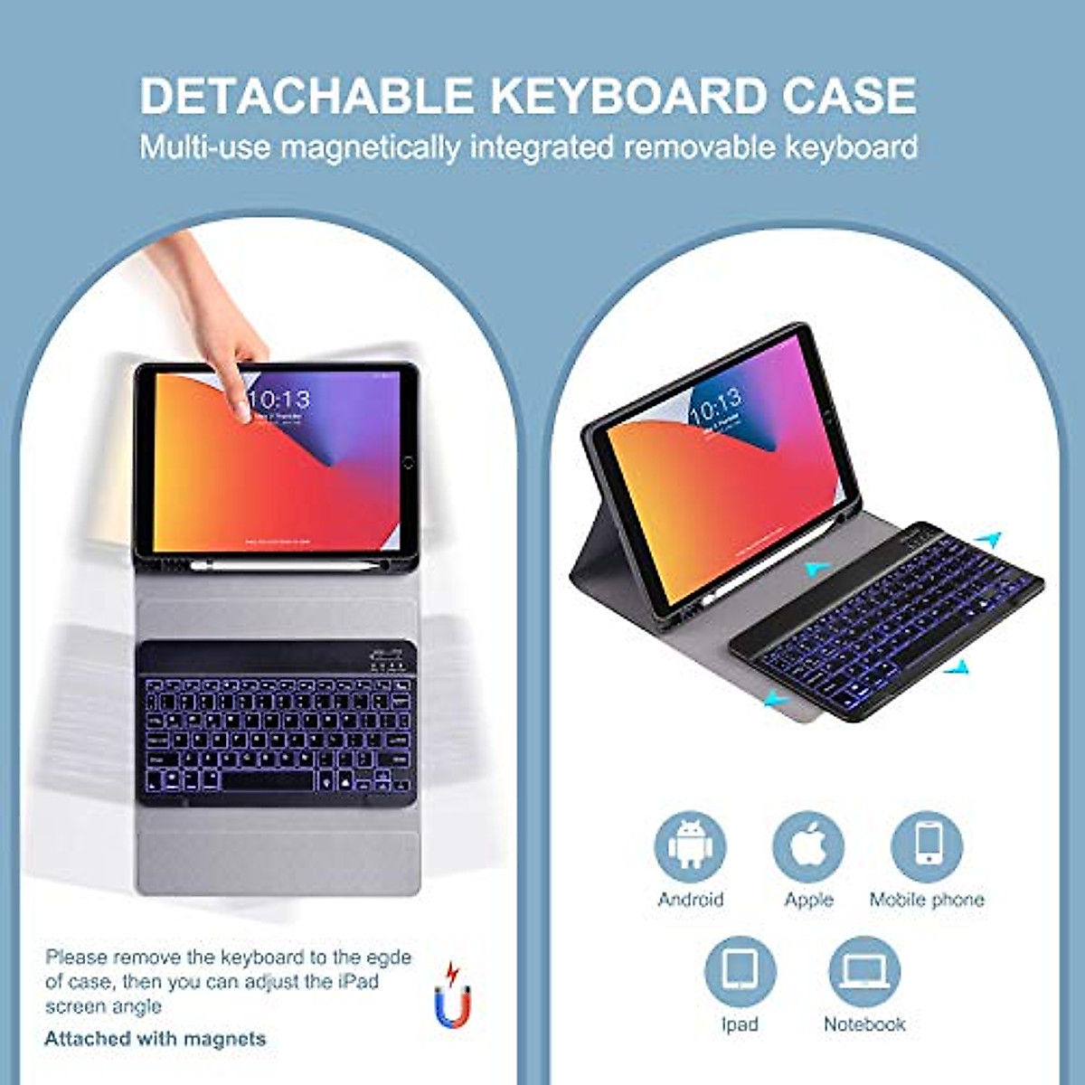 Keyboard Case for iPad 9th Generation 10.2 inch 2021, iPad 8th /7th Gen Case and Keyboard Detachable Wireless, 7 Color Backlight Tablet Keyboard with Slim Folio Case, Built-in Pencil Holder Black
