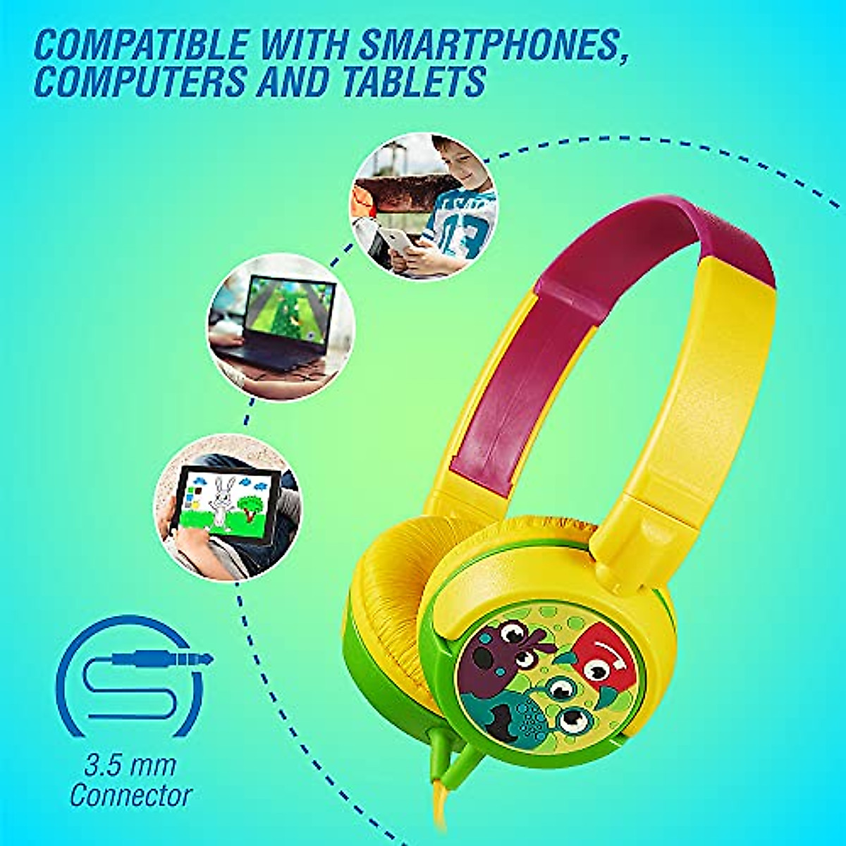 Volkano Wired Kids Headphones with Hearing Protection, Padded Lightweight Kiddy Headset, 85 dB Safe for Children, Girls/Boys, E-Learning, Travel, PC, Cellphones [Yellow/Green] Monster Kiddies Series
