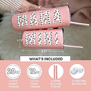 Mama and Mini Tumbler Set - Insulated Stainless Steel, Spill Proof with Straw, Dishwasher Safe. Tumbler. Toddler Mugs. Mommy Me Accessories, 20oz 12oz (Blush Pink Leopard Print), 2 Piece Assortment