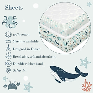 100% Cotton Crib Sheets for Baby Boys and Girls, Ocean Crib Sheets - Ocean Stars, Teal-White, 2 Pack Nautical Crib Sheets, Ocean Nursery Decor