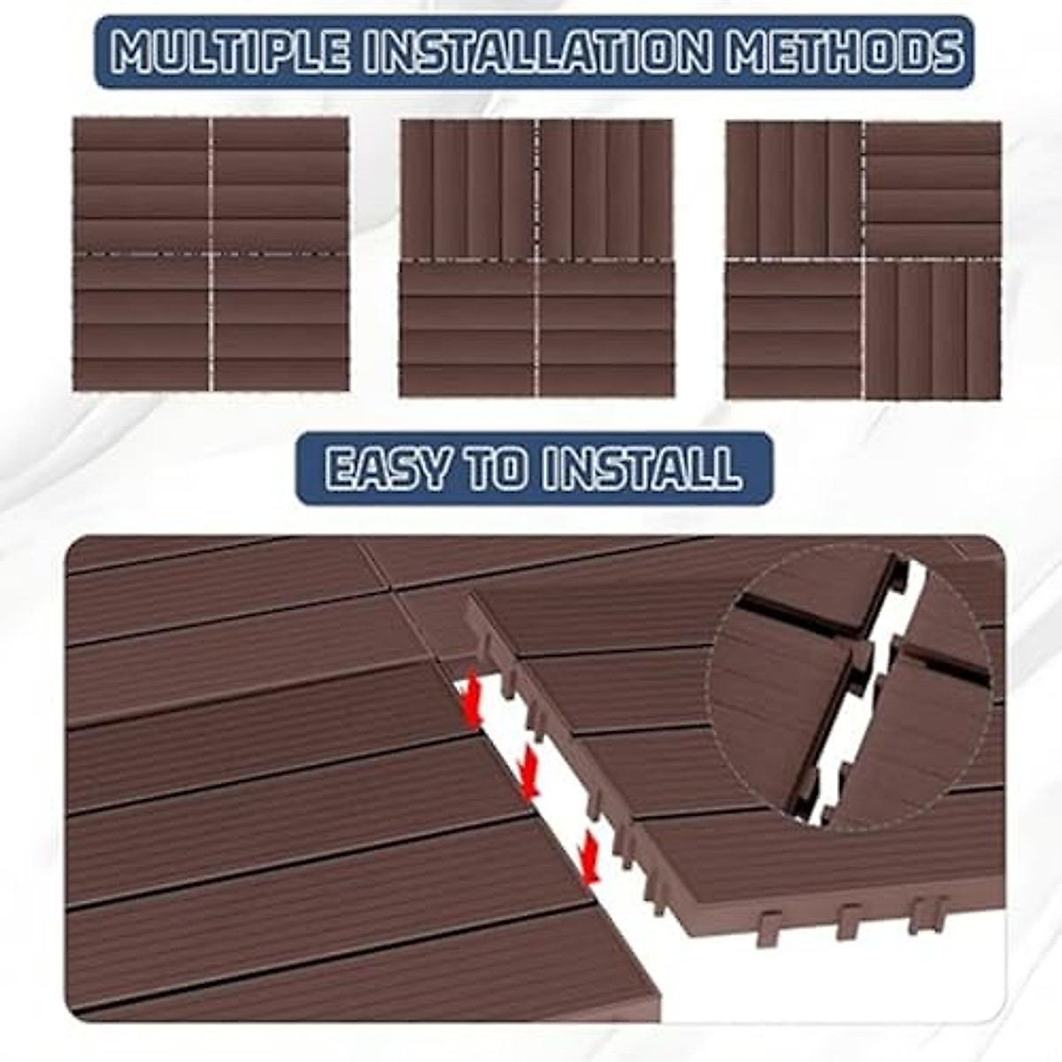 Plastic Interlocking Patio Deck Tiles 44 PCS Plastic Assembled Floor Outdoor Balcony Terrace Floor Garden Buckle Non-Slip Imitation Wood Floor (Gray)