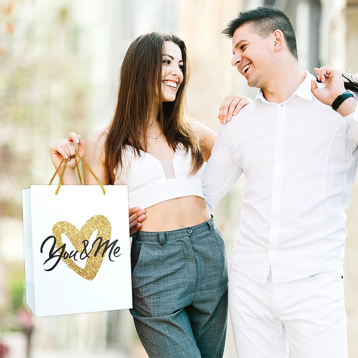 SICOHOME Large Anniversary Paper Gift Bag with Tissue Paper 13" You and Me Valentine's Day Gift Bag with Tissue Paper and Greeting Card for Husband Wife Boyfriend Girlfriend Newlyweds