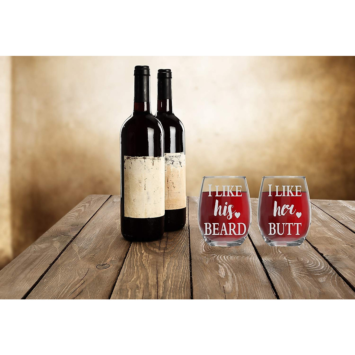 I Like His Beard, I Like Her Butt - 15oz Crystal Wine Glasses - Couples Stemless Wine Glasses – His And Hers Gifts Ideas For Anniversary, Weddings, Bridal Showers