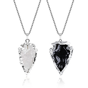 COAI Arrowhead Raw Obsidian Clear Quartz Stone Pendant Necklaces for Couples
