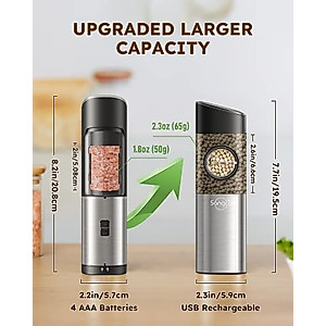 [Upgraded Larger Capacity] Sangcon Gravity Electric Salt and Pepper Grinder Set - USB Rechargeable With Dual Charging Base - Automatic One Hand Operation - Adjustable Coarseness & LED Light Refillable