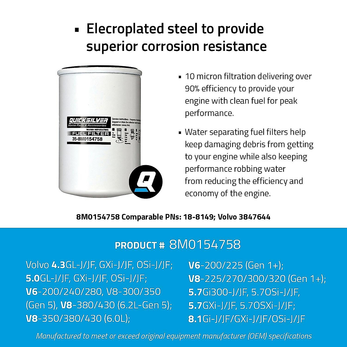 Quicksilver 8M0154758 Water Separating Fuel Filter for Various Marine Engines