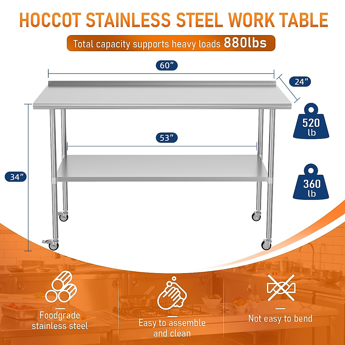 HOCCOT Stainless Steel Prep & Work Table with Adjustable Shelf, with Backsplash and Wheels, Kitchen Island, Commercial Workstations, Utility Table in Kitchen Garage Laundry Room Outdoor BBQ, 24" X 60"