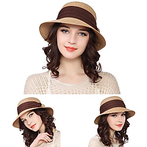 Lanzom Sun Hats for Women Wide Brim Straw Hat Summer Beach Hat Foldable Packable Cap for Travel Outdoor (A-Khaki)