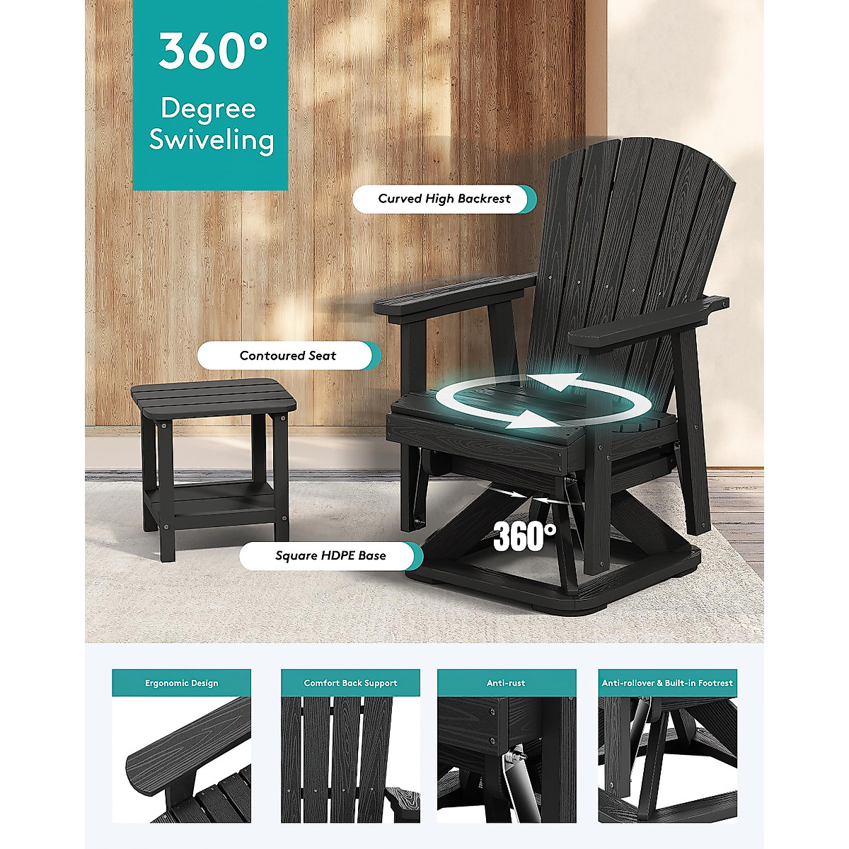 SERWALL Adirondack Swivel Glider Chair, HDPE Swivel Glider Set of 2 for Outdoor, All-Weather Glider Chair for Porch, Balcony, Midnight Black