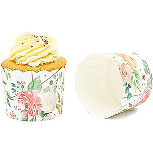 50 Pack Floral Cupcake Wrappers for Wedding, Watercolor Flower Paper Baking Cups and Muffin Liners for Tea Party (2.25 x 2.75 In)