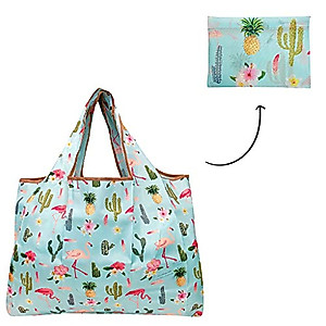 Wrapables Eco-Friendly Large Nylon Reusable Shopping Bags (Set of 2), Flamingo Fun