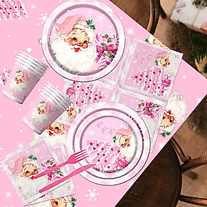 Christmas Party Supplies, 142Pcs Christmas Dinnerware Set Includes Pink Santa Claus Snowflake Napkins and Plates,Cups,Banner,Xmas Tablecloth for Merry Christmas Holiday Party, Serves 20