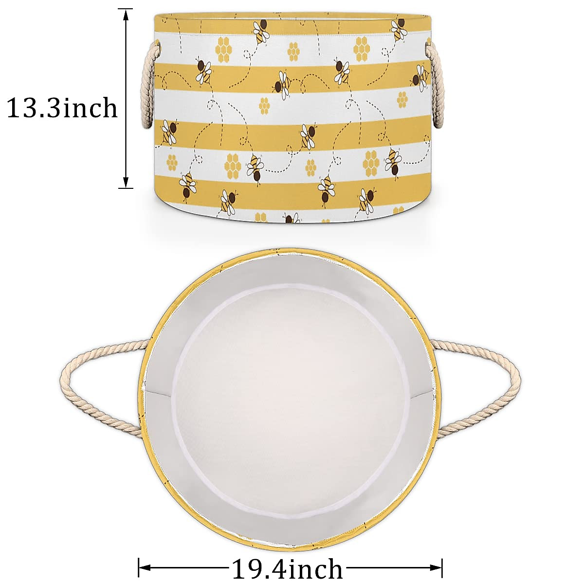 Bee Large Round Storage Bin Basket, Honeycomb Stripe Bee Decor Foldable Clothes Bag Folding Washing Bin Collapsible Fabric Laundry Hamper with Handle for Toys Stuffed Blanket Closet Bedroom Nursery