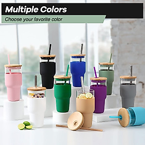 kytffu Tumbler with Lid and Straw, 24 oz Glass Tumbler Fits Cup Holder, Smoothie Cup Iced Coffee Tumbler for Bubble Tea, Water, Juice, With Silicone Sleeve Straw Cleaning Brush, Olive