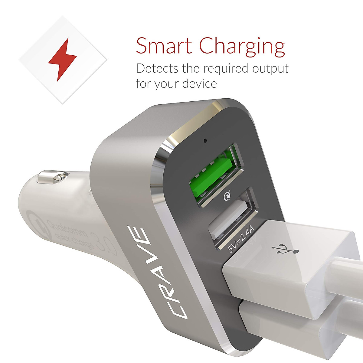 Crave CarHub 54W 4 Port USB Car Charger, Qualcomm Quick Charge 3.0 - White