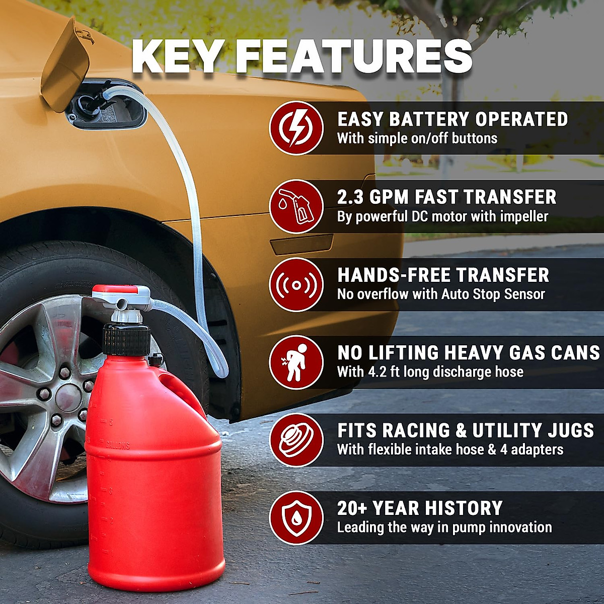 2PK of TERA PUMP TRFA01-XL 4 AA Battery Powered AUTO STOP Pump - Included 4x Gas Can/Racing Can Fittings 4.25ft Long Hose [ 2.3 GPM ] Transfer Rate For Gas Diesel E15 E85 Fuels (Gas Can Not Included)
