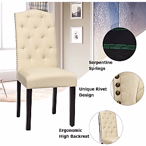 ERGOMASTER Dining Chairs Set of 4 Adjustable Parsons Chairs Anti-Slip Foot Dining-Chair Fabric Kitchen Chair with Solid Wood Legs - Beige