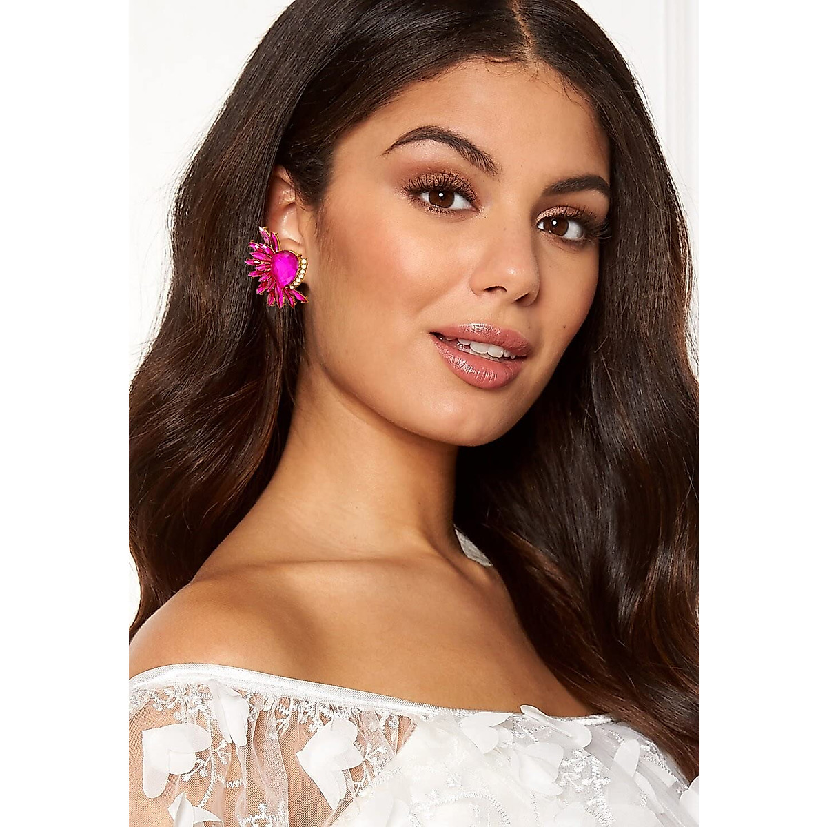 Vintage Hot Pink Rhinestone Statement Earrings Retro Fancy Crystal Cluster Drop Dangle Earrings for Women Prom