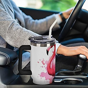 YTLKGFP 40 Oz Large Capacity Car Cup Flamingo Watercolor Tumbler with Handle (Black) Straw Lid Insulated Stainless Steel Water Bottle Travel Mug Leak-proof Car Cup Keeps Cold Or Hot