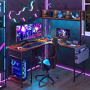 Yoobure L Shaped Desk with Power Outlet, Reversible L Shaped Computer Desk with Storage Shelf and Drawer, Corner Desk with Storage Bag, 2 Person Home Office Desk, Industrial Gaming Desk with USB Ports
