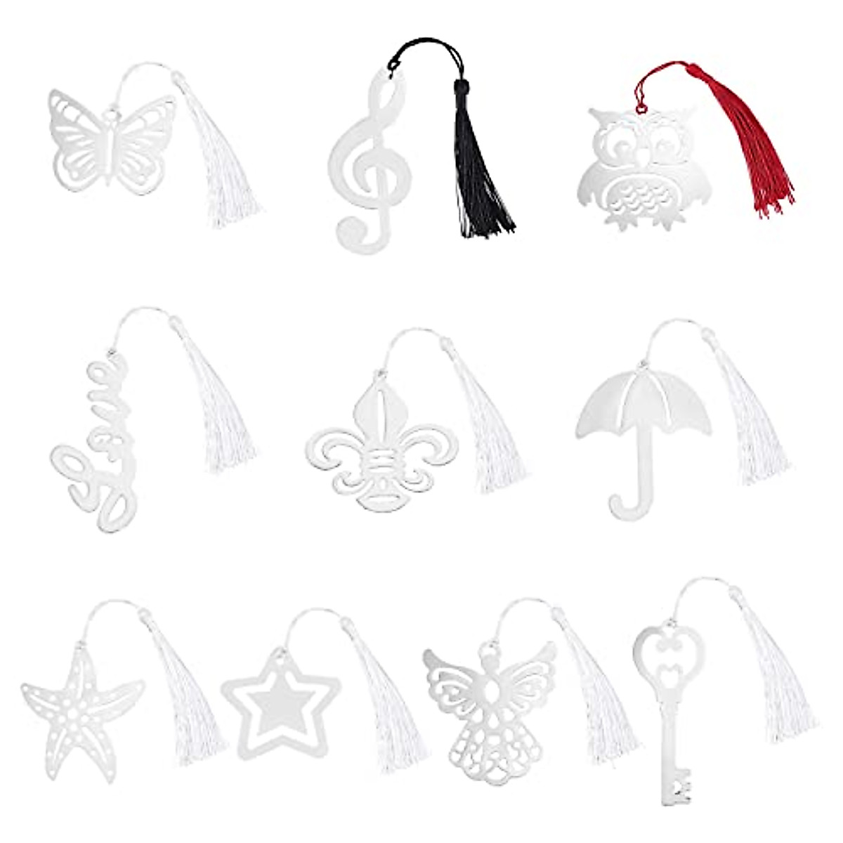 AHANDMAKER 10 Pcs Stainless Steel Bookmarks, Cute Starfish Angel Butterfly Owl Bookmark, Metal Hollow Bookmark with Tassels for Book Lovers Wedding Party Favors(10 Styles)