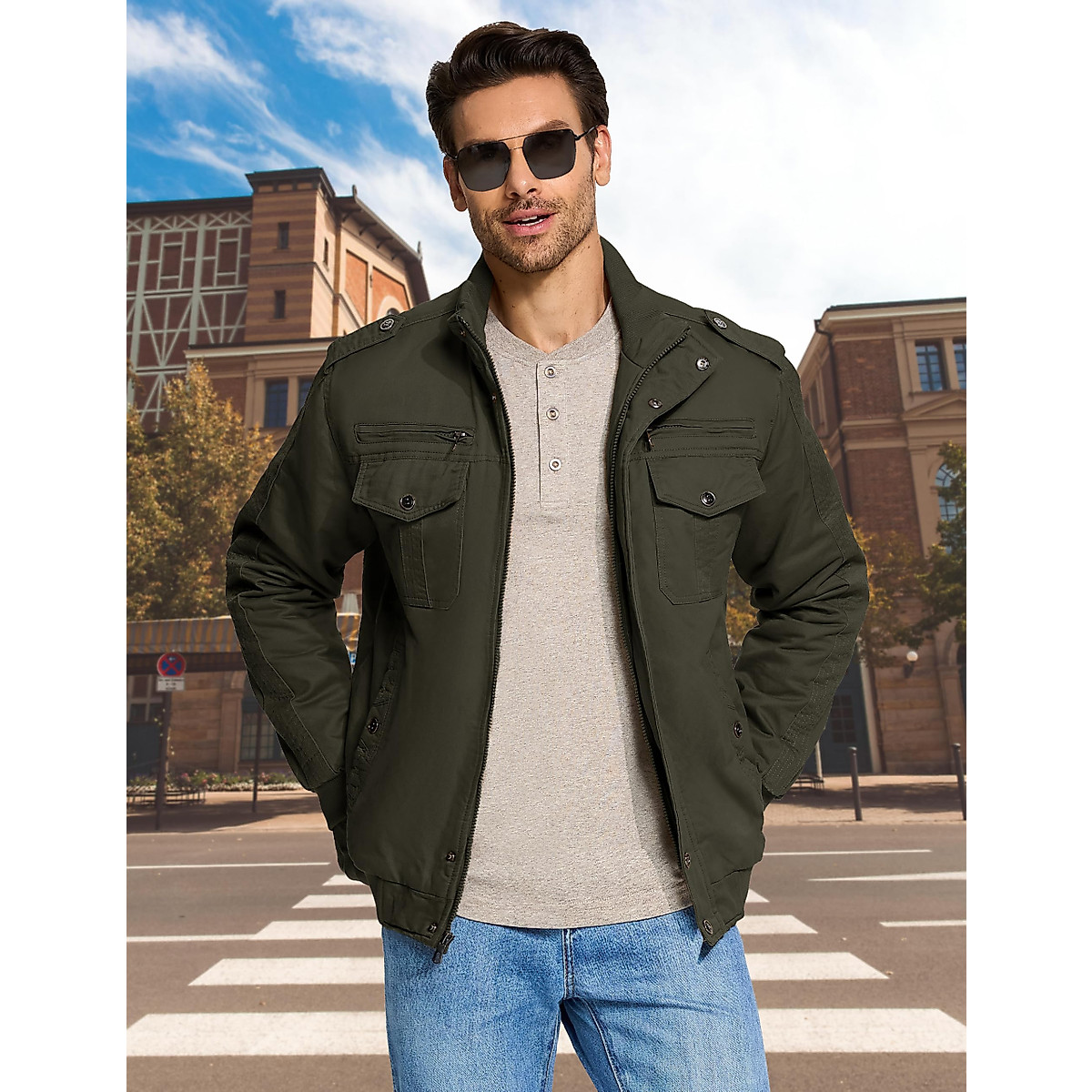 CRYSULLY Men's Cotton Jacket Winter Military Coats Fleece Lined Thick Work Coats Warm Cargo Jackets Army Green M