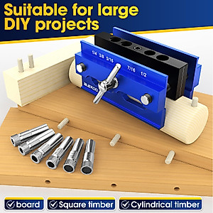BLEKOO Self Centering Doweling Jig Kit, Drill Jig For Straight Holes Biscuit Joiner Set With 6 Drill Guide Bushings, Adjustable Width Drilling Guide Power Tool Accessory Jigs (Blue)