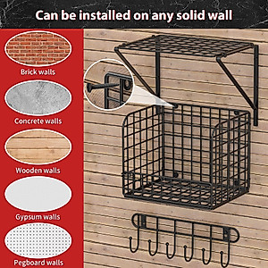 TomCare 3 Pack Garage Shelving Heavy Duty Garage Storage Shelves with Wire Baskets Laundry Room Shelves Wall Mounted Shelves with Hooks Tool Organizer for Shed Garden Kitchen Organization and Storage